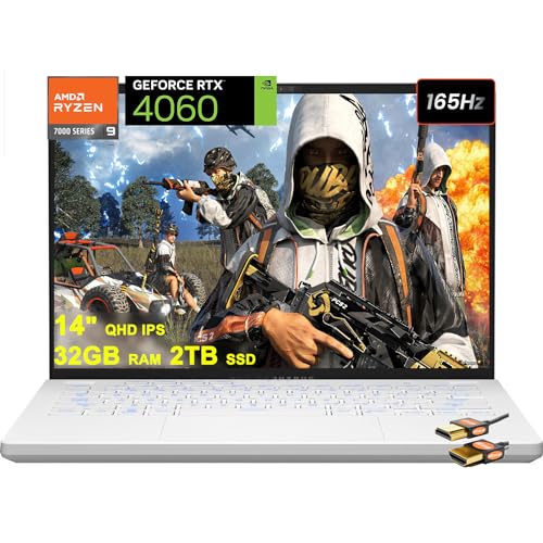 Asus ROG Zephyrus G14 Gaming Laptop 14" QHD+ 165Hz 500nits AMD 8-Core Zen4 Ryzen 9 7940HS (>i9-12900H) 32GB RAM 2TB SSD GeForce RTX 4060 8GB Graphic Backlit USB4 Fast Charging Win11 White + HDMI Cable
