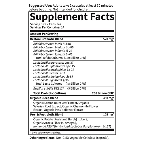Garden of Life Dr. Formulated Probiotics Platinum Series Restore Sleep with Herbs 200 Billion CFU Guaranteed Plus Valerian Chamomile and More for Digestion, Immune Support, Restful Sleep, 28 Capsules