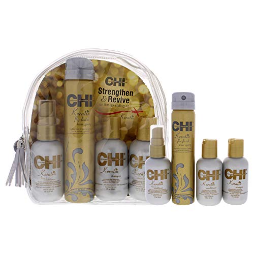 CHI Strengthen and Revive On The Go Styling Kit Unisex 2oz Keratin Shampoo, 2oz Keratin Conditioner, 2oz Keratin Leave-In Conditioner, 2.6oz Keratin Flex Finish Hair Spray 4 Pc