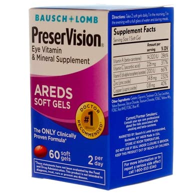 Bausch and Lomb Preservision Eye Vitamin and Mineral Supplements with Areds, 60 sgels