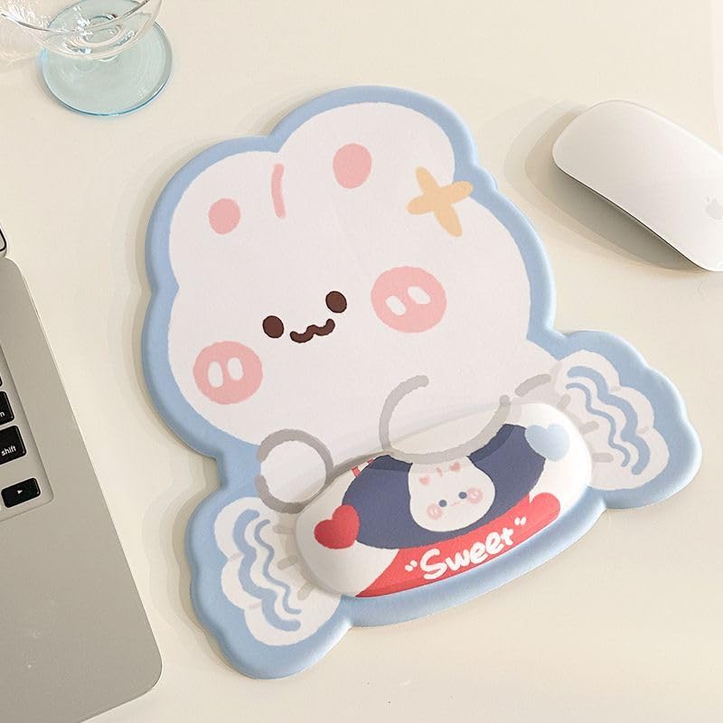 Cute Laptop Mouse Pad with Gel Wrist Support Anti-Slip Kawaii Desk Accessories Ergonomic Gaming Mouse Pad with Wrist Rest and Adorable Rabbit Pattern