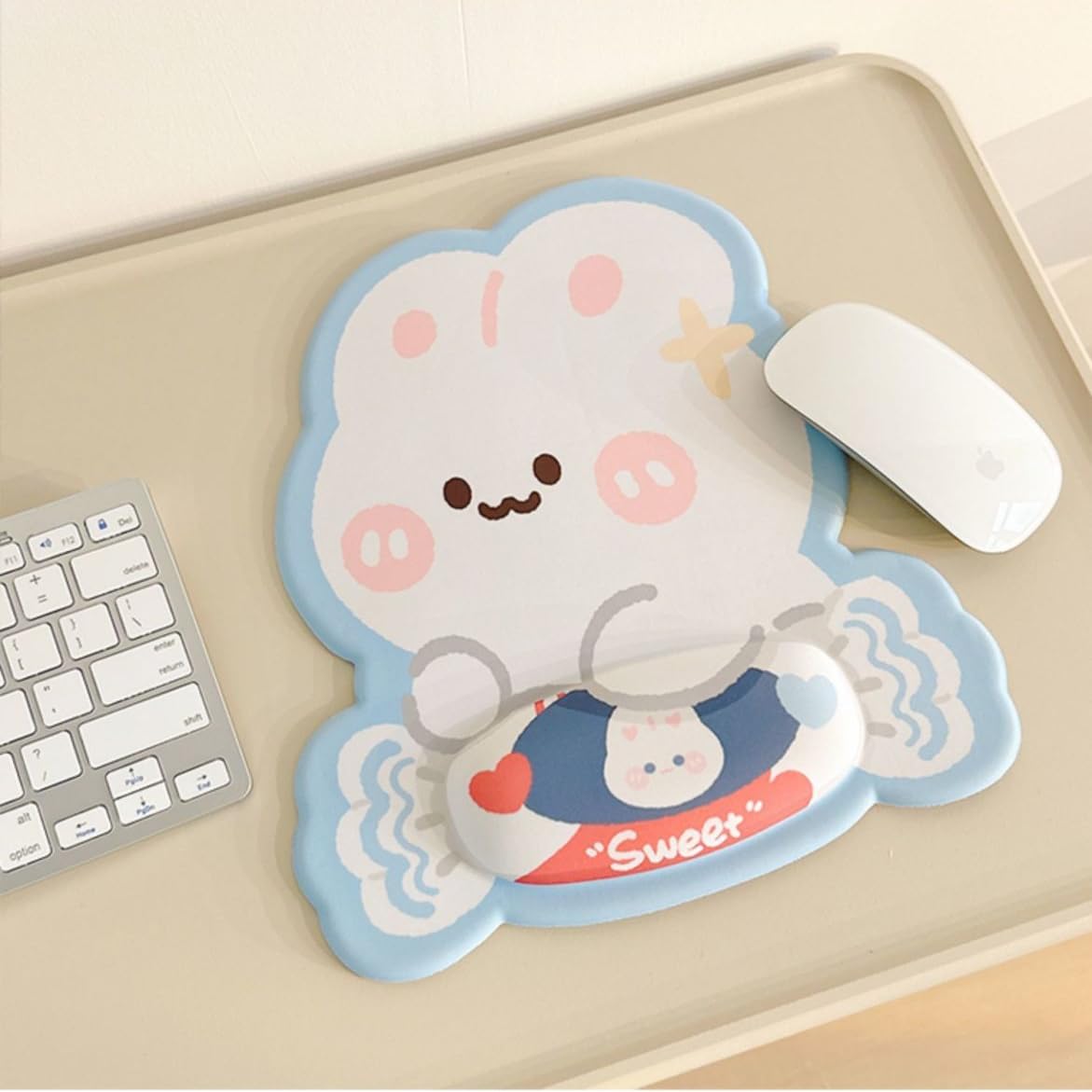 Cute Laptop Mouse Pad with Gel Wrist Support Anti-Slip Kawaii Desk Accessories Ergonomic Gaming Mouse Pad with Wrist Rest and Adorable Rabbit Pattern