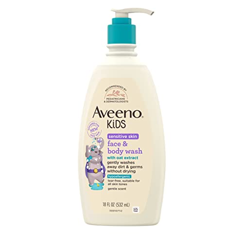 Aveeno Kids Sensitive Skin Face & Body Wash With Oat Extract, Gently Washes Away Dirt & Germs Without Drying, Tear-Free & Suitable for All Skin Tones, Hypoallergenic, 18 fl. Oz