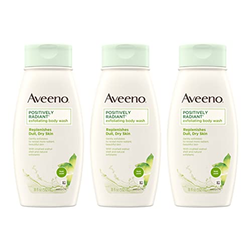 Aveeno Positively Radiant Exfoliating Body Wash with MoistureRich Soy Complex Crushed Walnut Shell for Dry, Dull Skin, SoapFree, DyeFree Hypoallergenic Formula 18 fl, 54 Fl Oz, (Pack of 3)