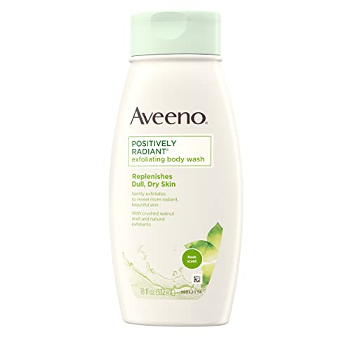 Aveeno Positively Radiant Exfoliating Body Wash with MoistureRich Soy Complex Crushed Walnut Shell for Dry, Dull Skin, SoapFree, DyeFree Hypoallergenic Formula 18 fl, 54 Fl Oz, (Pack of 3)