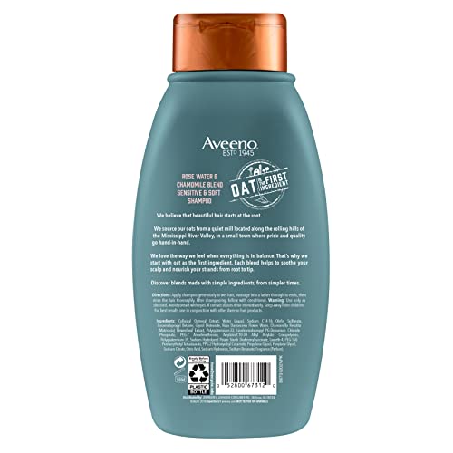 Aveeno Rose Water & Chamomile Blend Sulfate-Free Shampoo with Colloidal Oat for Dry & Sensitive Scalp, Gentle Cleansing Shampoo for Fine, Fragile Hair, Paraben & Dye-Free, 12 Fl Oz