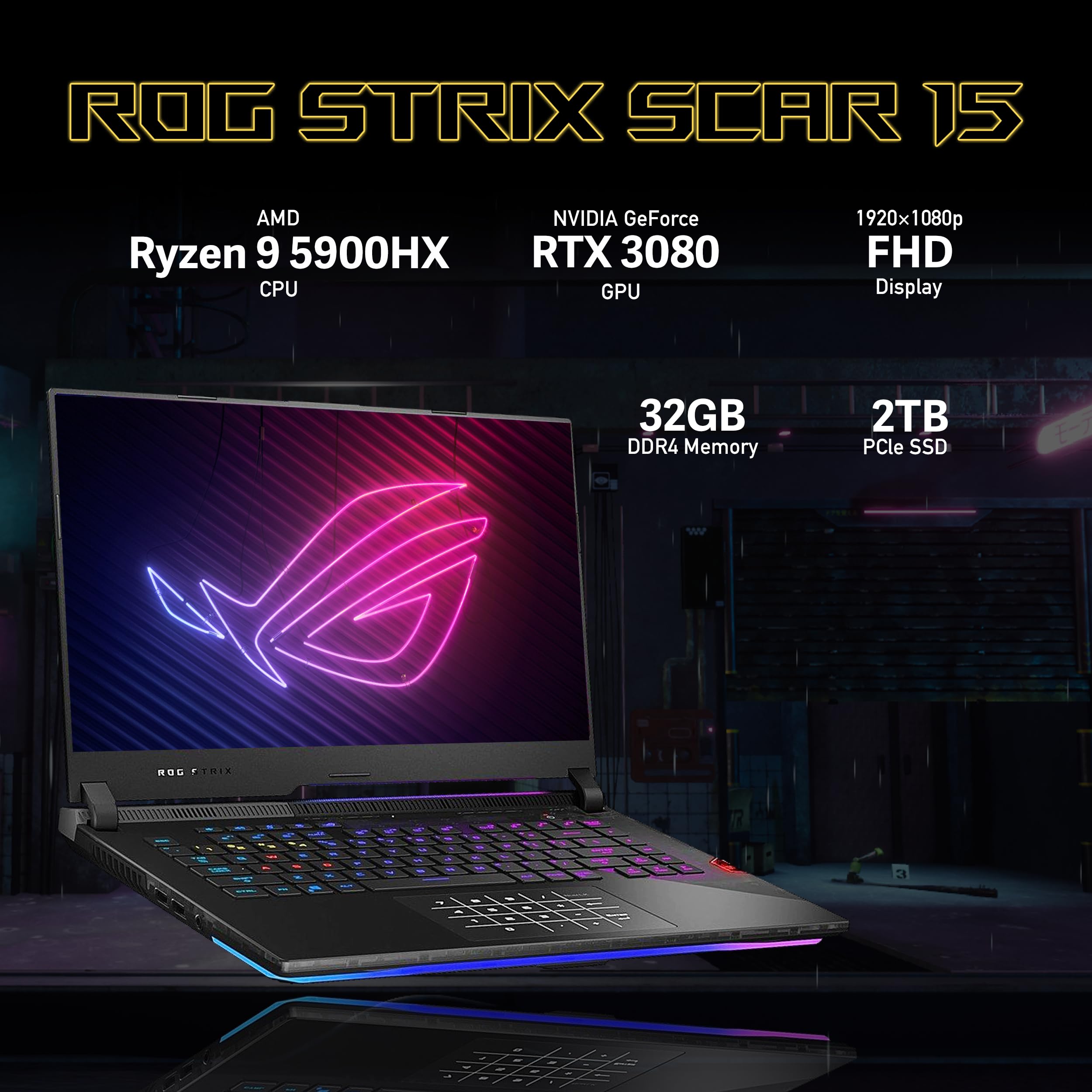 Asus 2023 ROG Strix Scar 15 15.6”300Hz IPS Type FHD Gaming Laptop, AMD Ryzen 9 5900HX, 32GB RAM, 2TB PCIe SSD, Backlit Keyboard, GeForce RTX 3080, WiFi 6, Win 11 Pro, Black, 32GB SnowBell USB Card