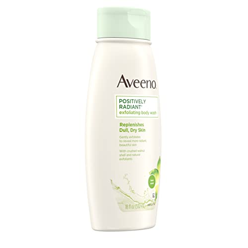 Aveeno Positively Radiant Exfoliating Body Wash with MoistureRich Soy Complex Crushed Walnut Shell for Dry, Dull Skin, SoapFree, DyeFree Hypoallergenic Formula 18 fl, 54 Fl Oz, (Pack of 3)