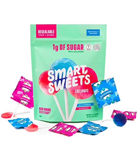 SmartSweets Lollipops, Blue Raspberry & Watermelon Flavors, Hard Candy with Low Sugar (1g), Low Calorie (40), No Artificial Sweeteners, Plant-Based, Gluten-Free, 3oz (Packaging May Vary)
