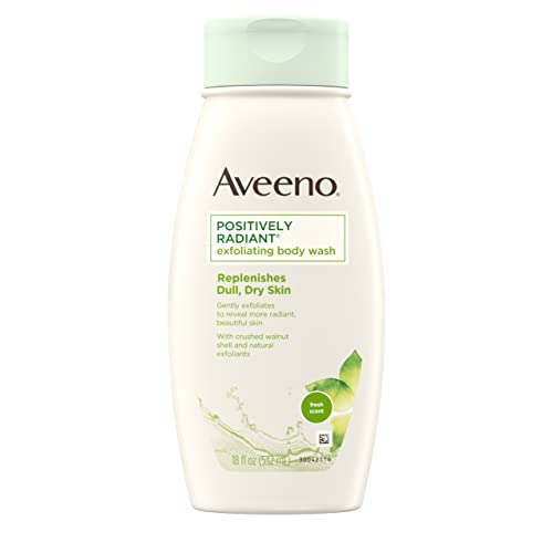 Aveeno Positively Radiant Exfoliating Body Wash with MoistureRich Soy Complex Crushed Walnut Shell for Dry, Dull Skin, SoapFree, DyeFree Hypoallergenic Formula 18 fl, 54 Fl Oz, (Pack of 3)