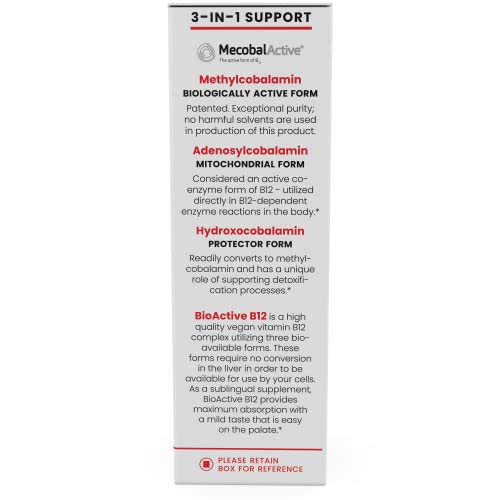 BioActive Vegan Vitamin B12 Sublingual Liquid Supplement (4 Drops a Day for a 90-Day Supply) - B12 Liquid Vitamin Drops with Hydroxocobalamin, Adenosylcobalamin & Methylcobalamin 1,000 mcg per Drop