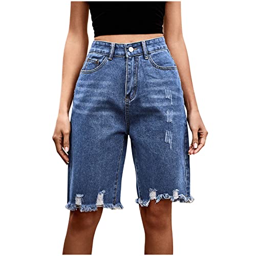 MINzYI Women's Mid Rise Denim Shorts Summer Casual Ripped Jean Shorts Cut Hem Distressed Stretchy Vacation Beach Shorts