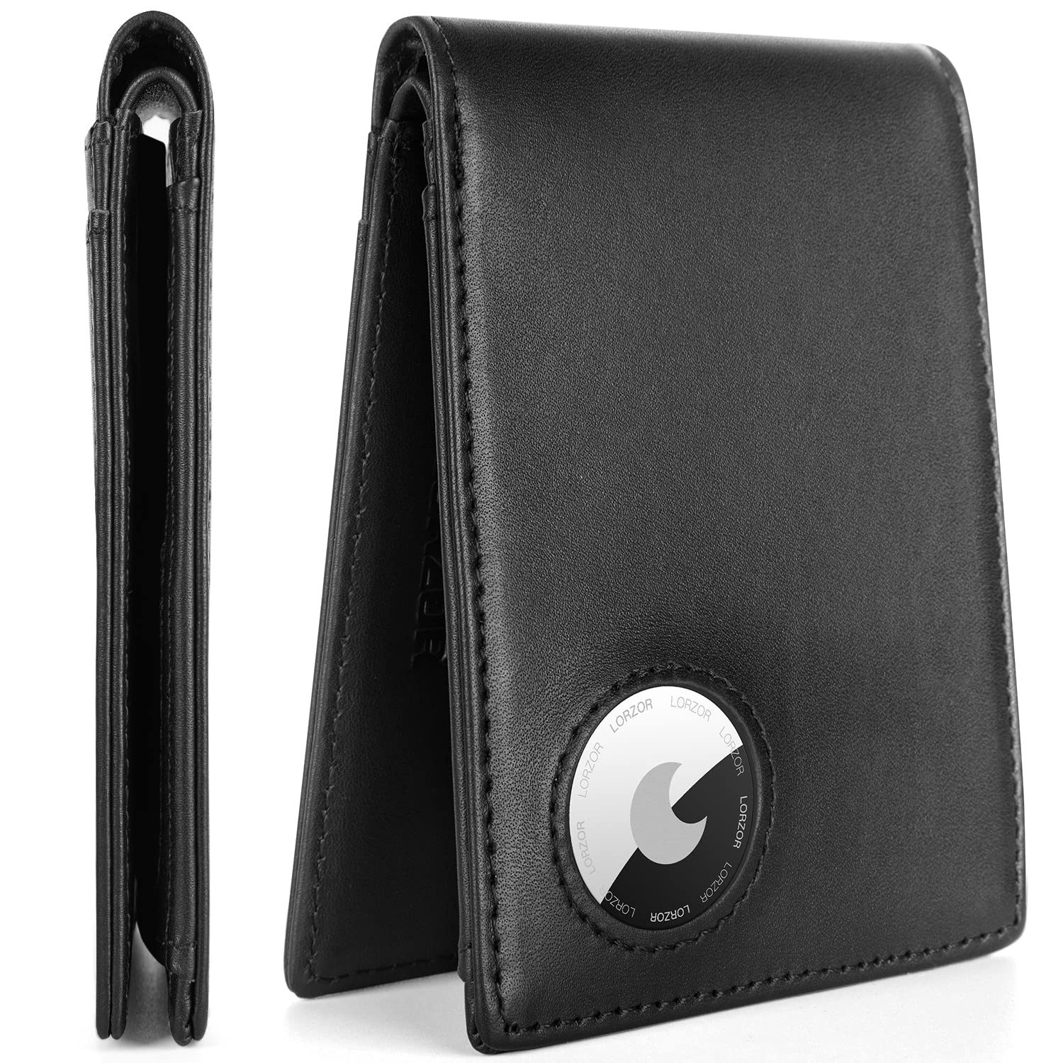 LORZOR AirTag Wallet - Bifold Genuine Leather Mens Minimalist Wallet with AirTag Holder, RFID Blocking Wallet for Apple Air Tag up to 11 Cards Gifts for Men