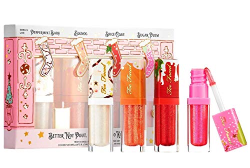 Too Faced Holiday Lip Gloss Set- Peppermint Bark, Eggnog, Spice Cake and Sugar Plum 0.12 fl. Ounce Each