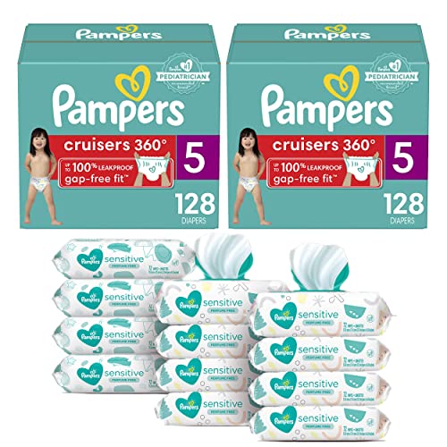 Pampers Baby Diapers and Wipes (2 Month Supply) - Pull On Cruisers 360° Fit Diapers with Stretchy Waistband Size 5 (2 x 128 Count) with Sensitive Baby Wipes, 12X Pop-Top Packs, 864 Count