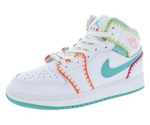 Nike Air Jordan 1 Mid GS Girls Shoes Size 5, Color: Pure White/Cute Pink/Washed Teal-White