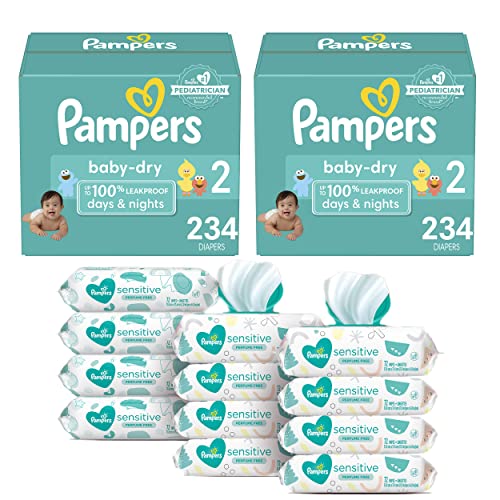 Pampers Baby Diapers and Wipes Starter Kit (2 Month Supply) - Baby Dry Disposable Baby Diapers (2 x 252 Count) with Sensitive Water Based Baby Wipes, 12X Pop-Top Packs, 864 Count