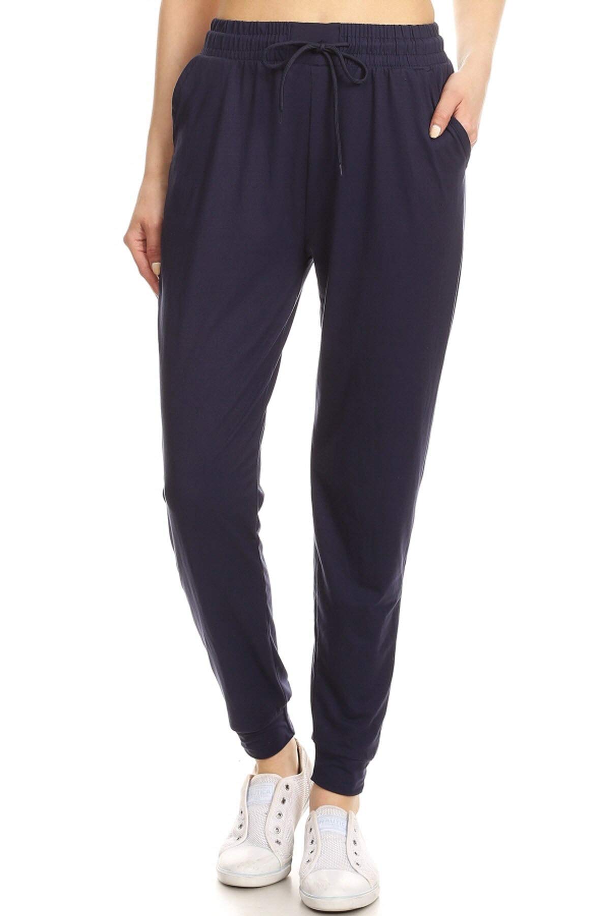Leggings Depot Womens Relaxed fit Jogger Pants - Track Cuff Sweatpants with Pockets, Navy, X-Large