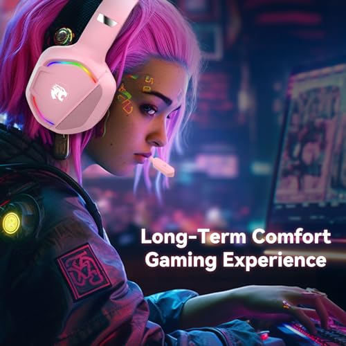 IMYB A36 Gaming Headset with Microphone for Pc, Xbox One Series X/s, Ps4, Ps5, Switch, Stereo Wired Noise Cancelling Over-Ear Headphones with Mic, RGB, for Computer, Laptop, Mac, Gamer (Pink)