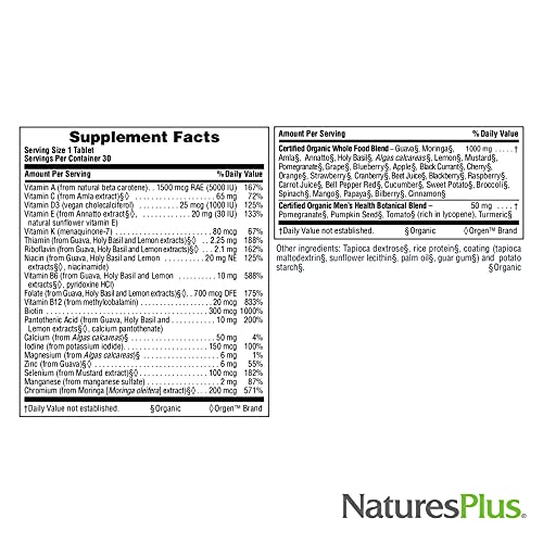NaturesPlus Source of Life Garden Certified Organic Mens Once Daily Multivitamin - Pure, Natural Whole Food Ingredients - Energy Boost - 30 Vegan Tablets (30 Servings)