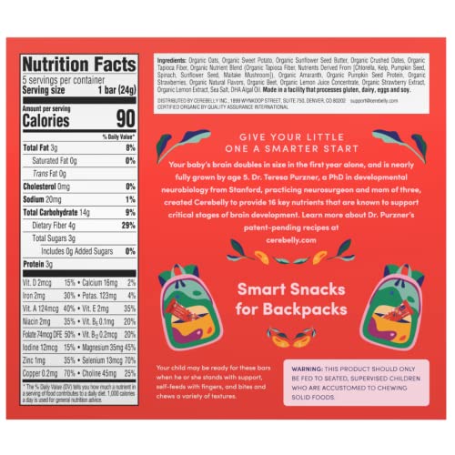 Cerebelly Toddler Snack Bars β Strawberry Beet Smart Bars (Pack of 5), Healthy & Organic Whole Grain Bars with Veggies & Fruit, 15 Brain-supporting Nutrients from Superfoods, Nut Free, No Added Sugar, Made with Gluten Free Ingredients
