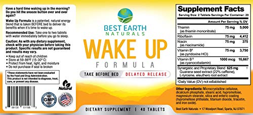 Best Earth Naturals Wake Up Formula, Supplement Taken at Bedtime and Works While You Sleep for Delayed Time Release Energy in Morning. Alternative to Coffee and Morning Alarm Clock 40 Count