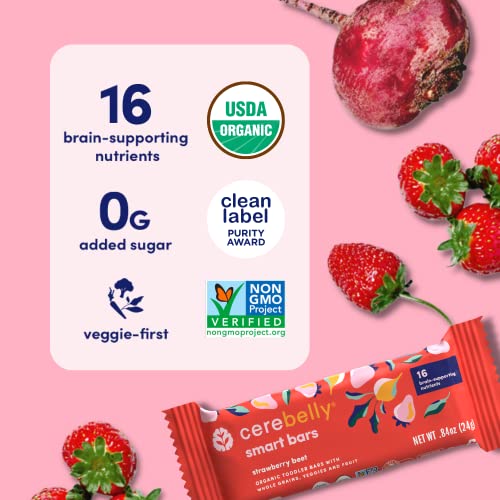 Cerebelly Toddler Snack Bars β Strawberry Beet Smart Bars (Pack of 5), Healthy & Organic Whole Grain Bars with Veggies & Fruit, 15 Brain-supporting Nutrients from Superfoods, Nut Free, No Added Sugar, Made with Gluten Free Ingredients
