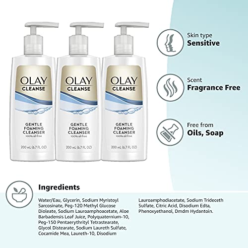 Olay Cleanse Gentle Foaming Face Cleanser for Sensitive Skin, Fragrance Free, 6.7 Fl Oz (Pack of 3)