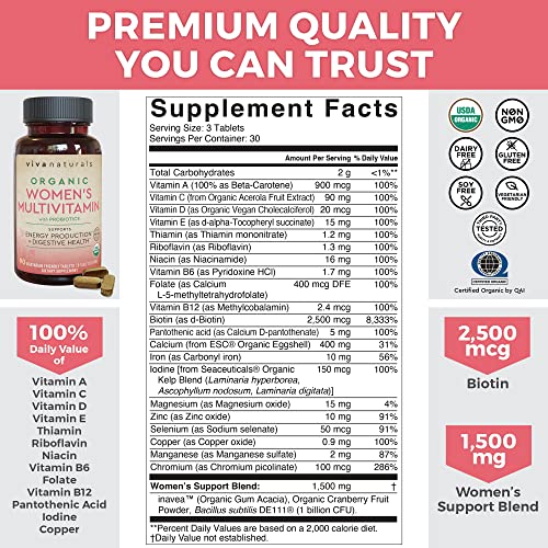 Organic Multivitamins for Women with Probiotics (90 Tablets) – Women Multivitamins for Daily Energy, Digestive Health and Immune Support Supplement with Vitamin B12, C, D and E, Iron, Folate.