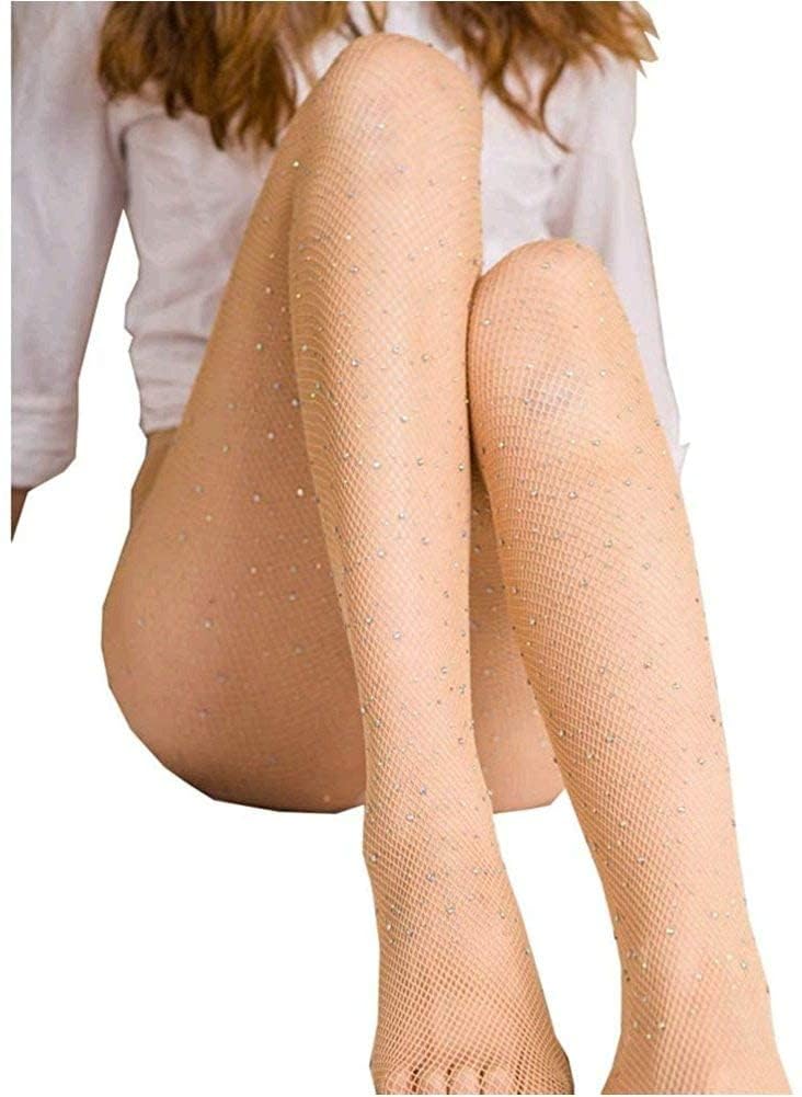 LUCKELF Sexy High Waist Tights Sparkle Rhinestone Fishnets Party Rhinestone Mesh Stockings (Free Size, Natural)