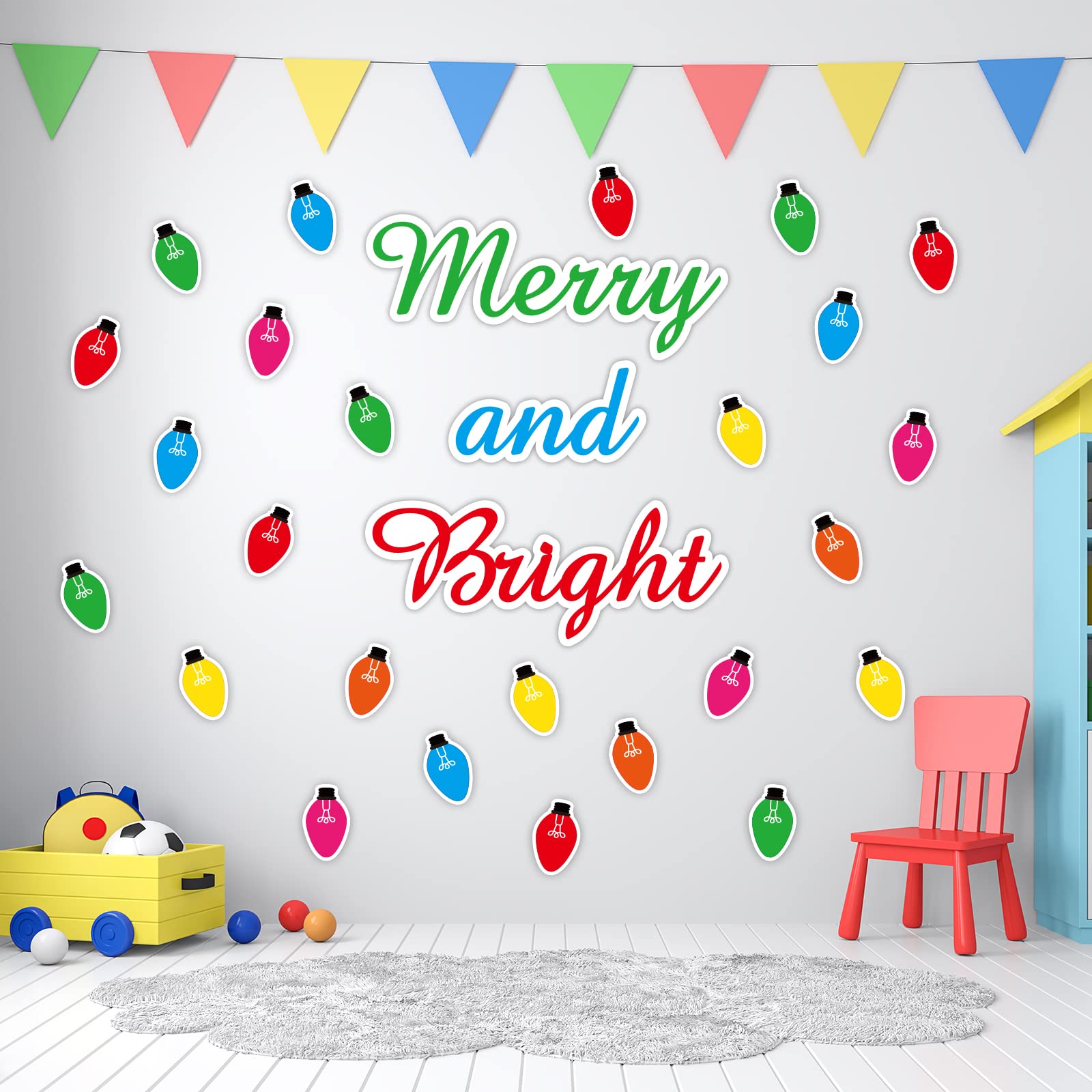 Christmas Bulletin Board Decorations, Merry and Bright Light Bulb Paper Cutouts Xmas Holiday Winter Classroom Wall Decorations for Kids Nursery Home Bedroom
