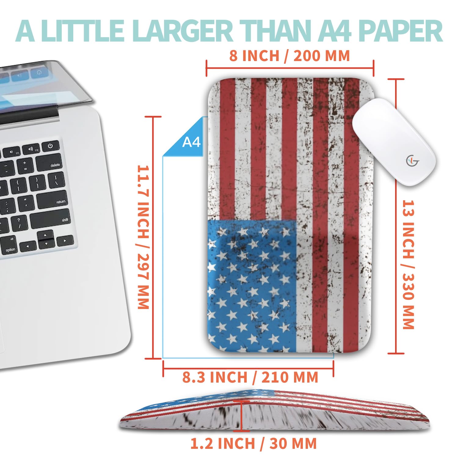 KUOSGM Large Ergonomic Mouse Pad Wrist Support, Carpal Tunnel Pain Relief Mousepad Wrist Rest, Wrist Pad for Mouse with Gel Memory Foam for Computer & Wireless Mouse(USA Flag, 13x8 inch)