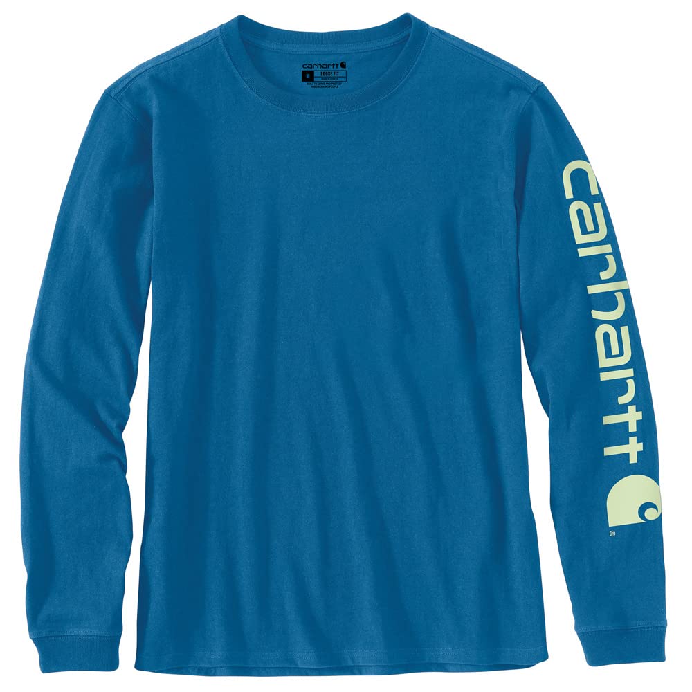 Carhartt Women's Loose Fit Heavyweight Long Logo Sleeve Graphic T-Shirt, Marine Blue, Medium