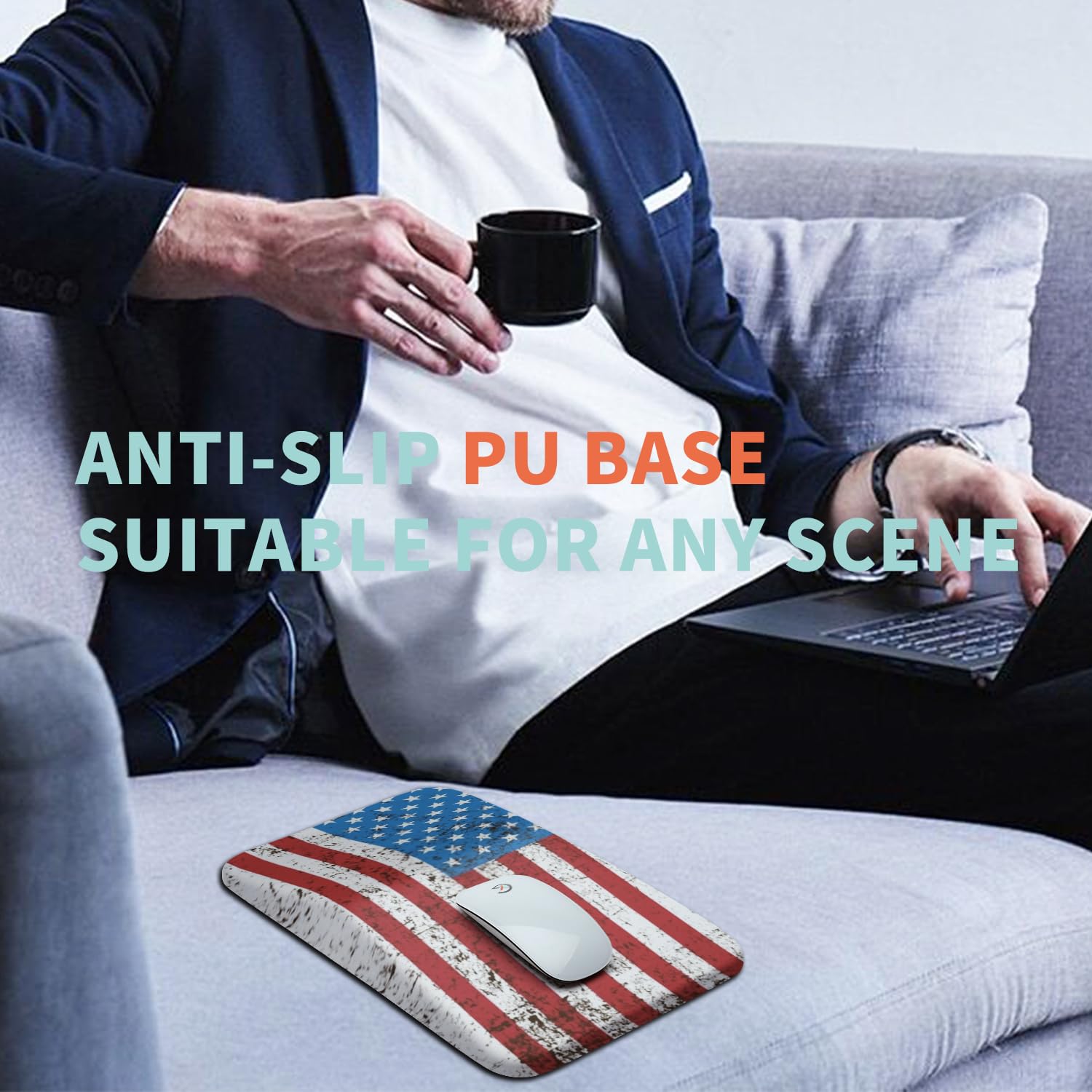 KUOSGM Large Ergonomic Mouse Pad Wrist Support, Carpal Tunnel Pain Relief Mousepad Wrist Rest, Wrist Pad for Mouse with Gel Memory Foam for Computer & Wireless Mouse(USA Flag, 13x8 inch)