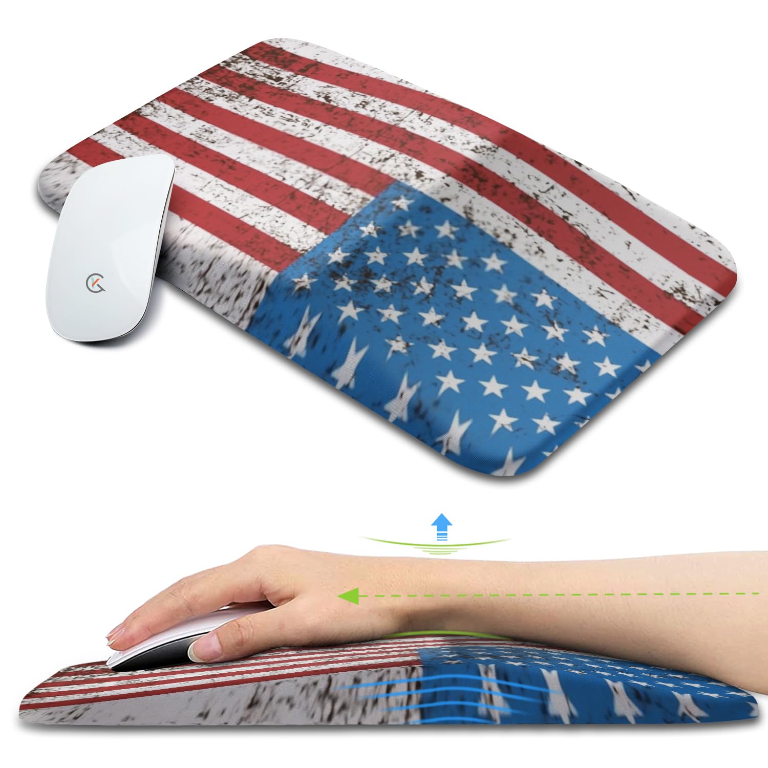 KUOSGM Large Ergonomic Mouse Pad Wrist Support, Carpal Tunnel Pain Relief Mousepad Wrist Rest, Wrist Pad for Mouse with Gel Memory Foam for Computer & Wireless Mouse(USA Flag, 13x8 inch)