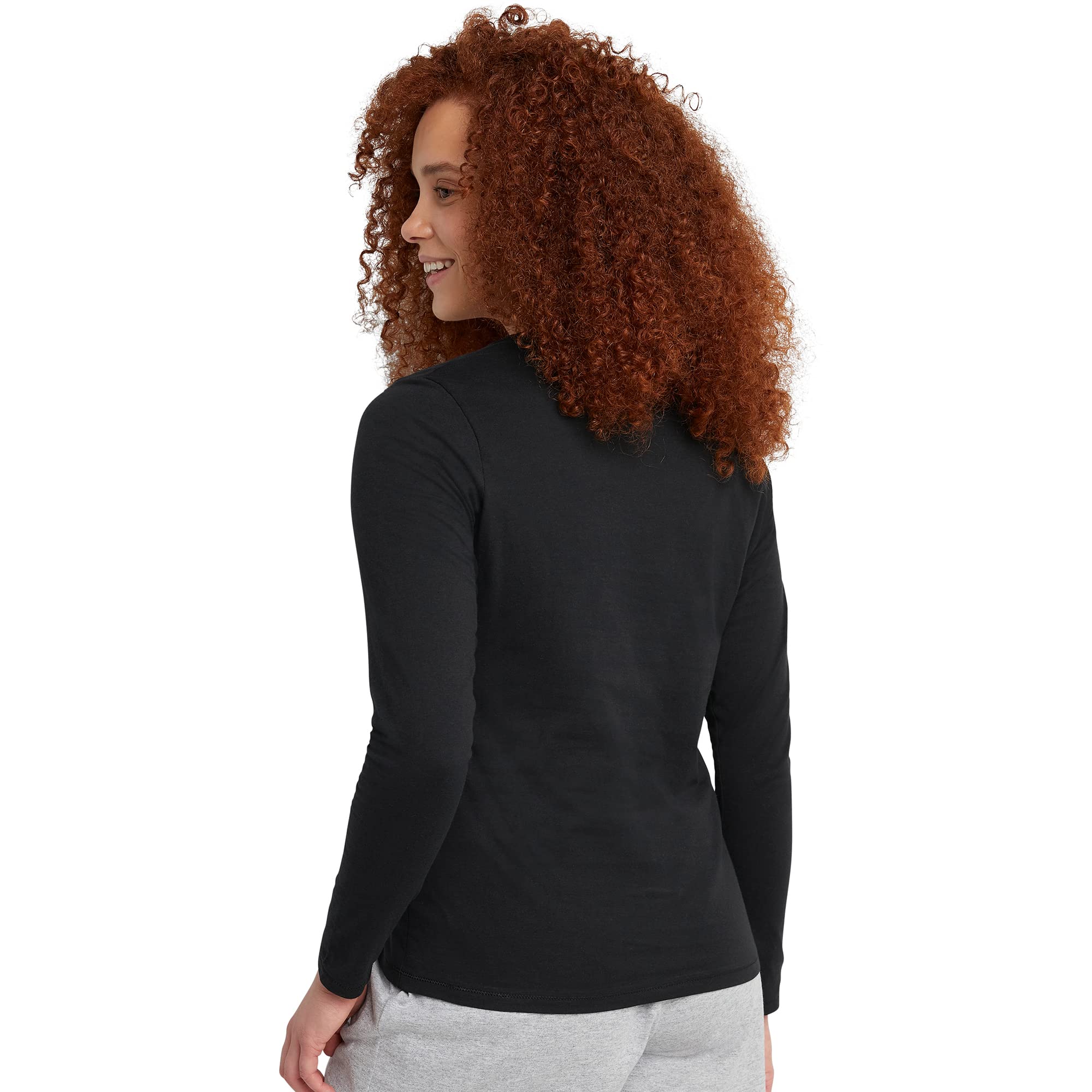 Hanes Comfortblend Women's Originals Long Sleeve Cotton T-Shirt, Lightweight V-Neck Tee, Modern Fit, Ebony, X-Large