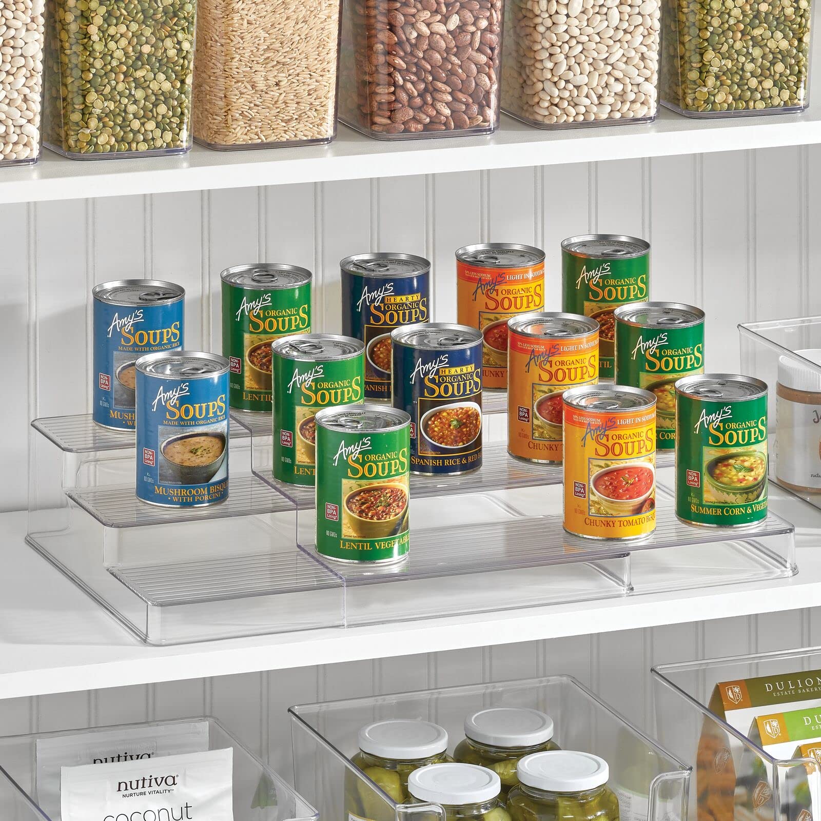 mDesign Plastic Spice and Food Kitchen Expandable Cabinet Shelf Organizer - 3 Tier Storage - Modern Compact Caddy Rack - Holds Spices/Herb Bottles, Jars - for Shelves, Cupboards, Refrigerator - Clear