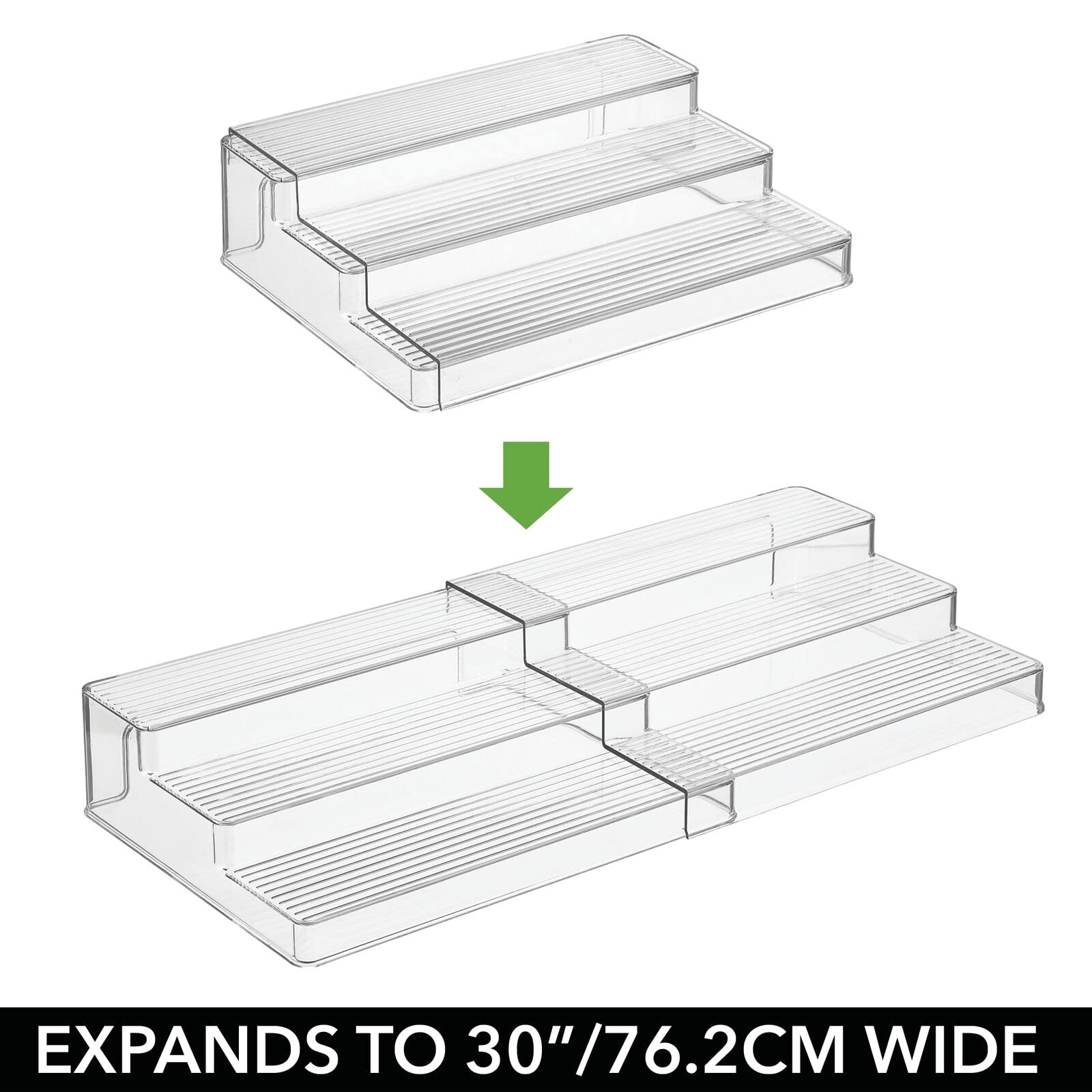 mDesign Plastic Spice and Food Kitchen Expandable Cabinet Shelf Organizer - 3 Tier Storage - Modern Compact Caddy Rack - Holds Spices/Herb Bottles, Jars - for Shelves, Cupboards, Refrigerator - Clear