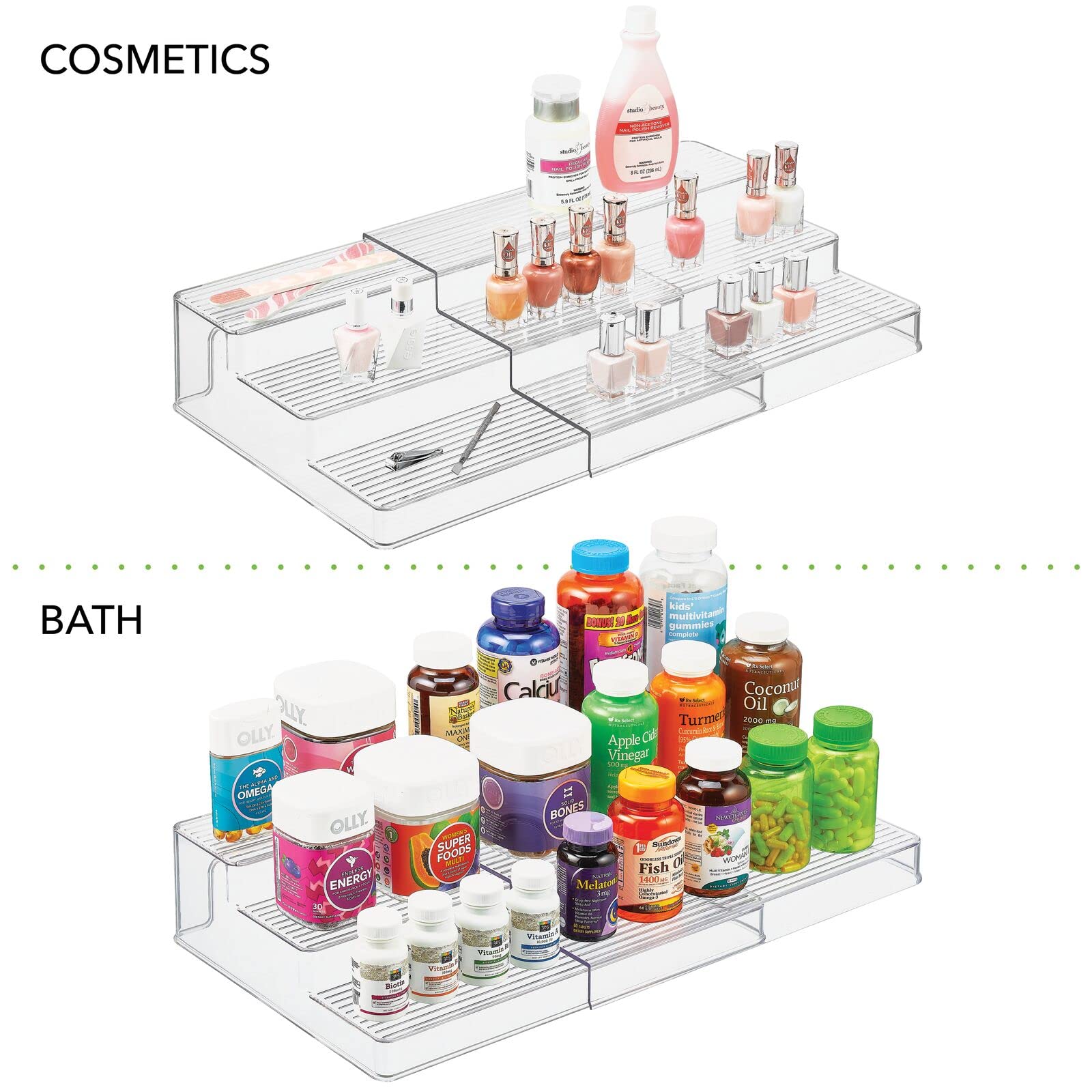 mDesign Plastic Spice and Food Kitchen Expandable Cabinet Shelf Organizer - 3 Tier Storage - Modern Compact Caddy Rack - Holds Spices/Herb Bottles, Jars - for Shelves, Cupboards, Refrigerator - Clear