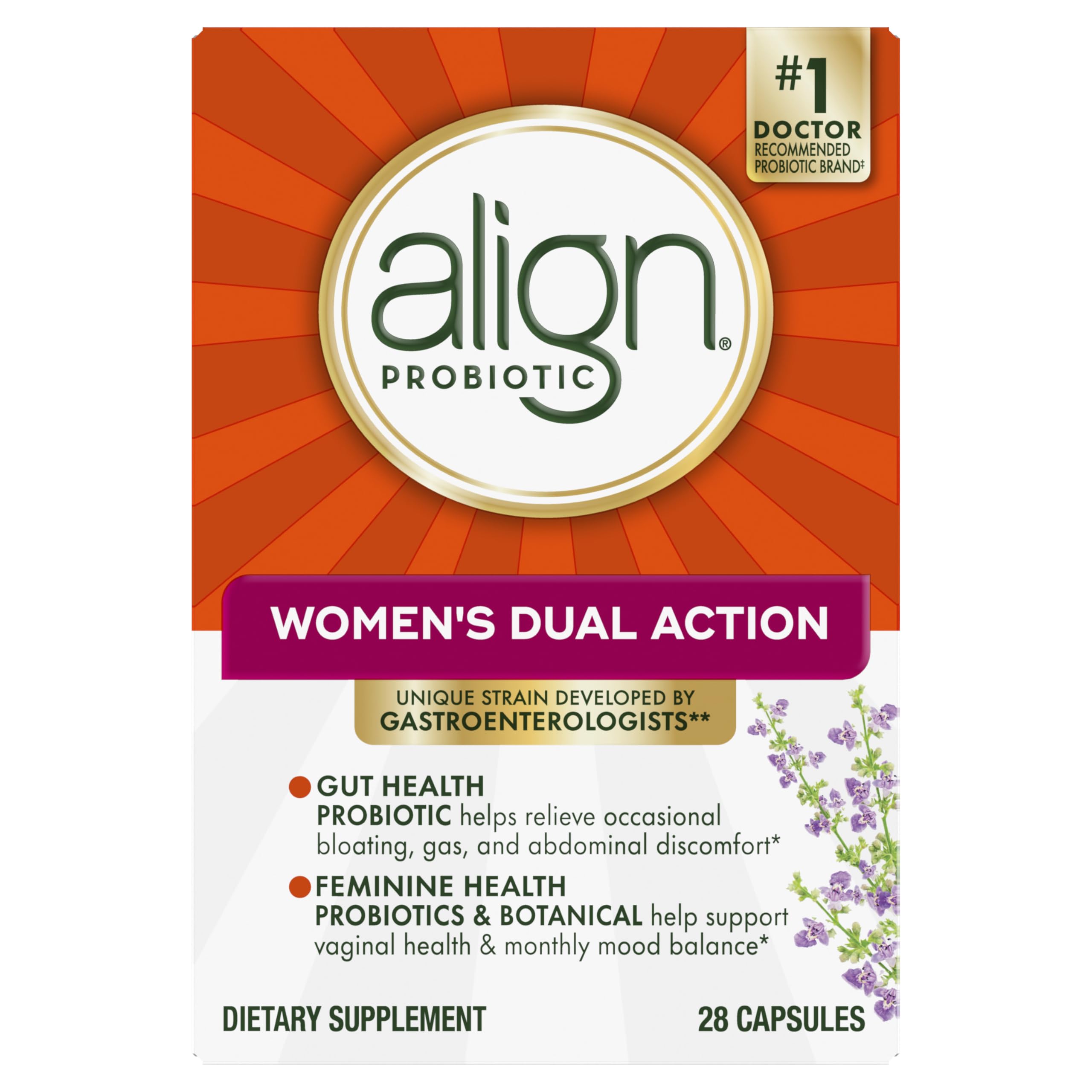 Align Probiotic, Women's Dual Action, Probiotics for Women, Multi-Strain Probiotic with Chaste Tree, Supports Feminine Health, Soothes Occasional Abdominal Discomfort, 28 Capsules (Packaging May Vary)
