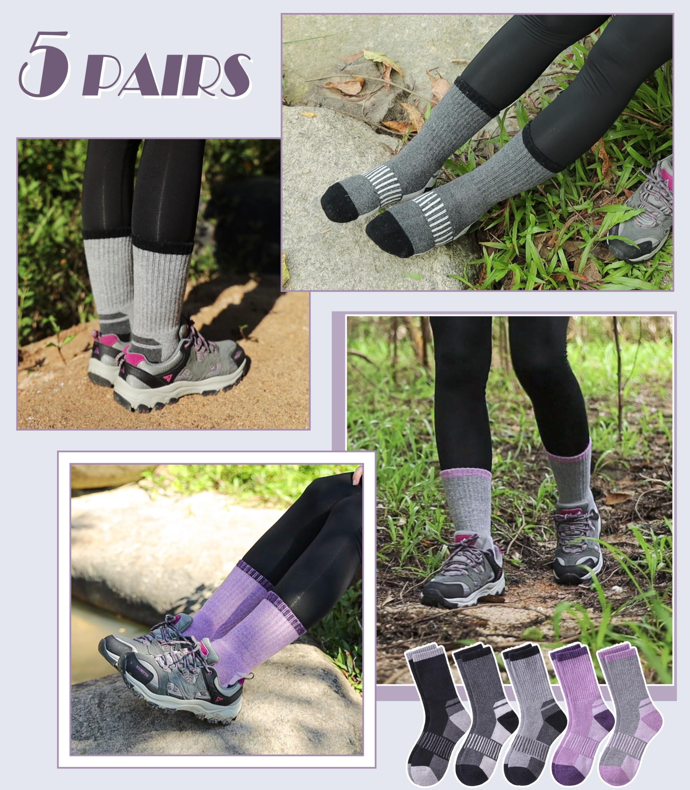DYW Womens Merino Wool Hiking Socks Thermal Warm Winter Boot Crew Socks Cushion Work Walking Gift Socks 5 Pairs (5 Pairs Color Mix A,Medium)