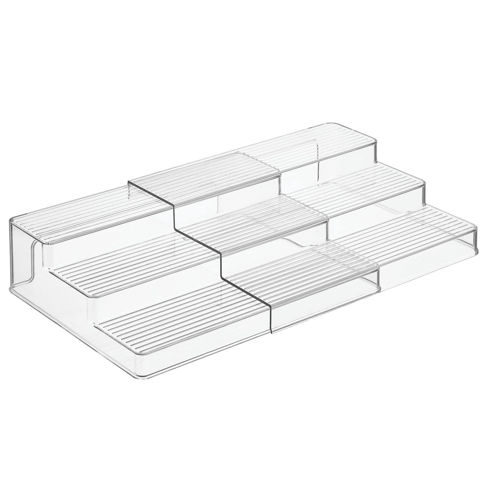 mDesign Plastic Spice and Food Kitchen Expandable Cabinet Shelf Organizer - 3 Tier Storage - Modern Compact Caddy Rack - Holds Spices/Herb Bottles, Jars - for Shelves, Cupboards, Refrigerator - Clear