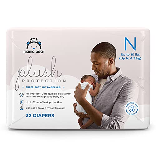 Amazon Brand - Mama Bear Plush Protection Newborn Diapers, Ultra-soft, Hypoallergenic, Dermatologist Tested, For Babies Weighing Up to 10 Pounds, Assorted Print, 32 Count, White