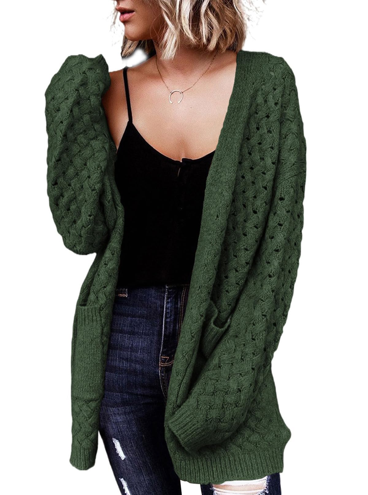 Dokotoo Womens Oversized Winter Cardigans Sweaters for Women 2024 Fashion Open Front Ladies Long Sleeve Autumn Chunky Casual Soft Knit Outerwear Coats Green X-Large