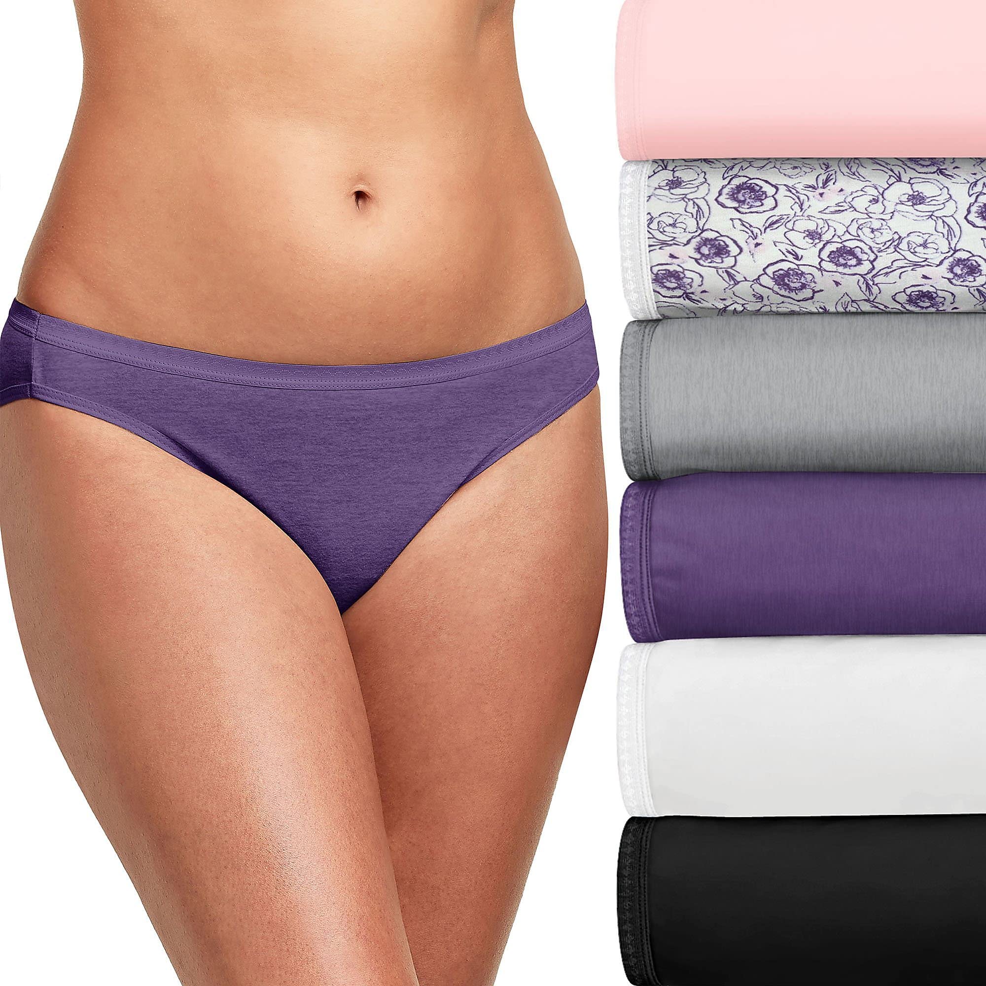 Hanes Ultimate womens 6-pack Breathable Cotton Panty Bikini Style Underwear, Sugar Flower Pink, White, Concrete Pe Heather, Black, Purple Vista Heather, Purple Vista Floral Prin, 6 US