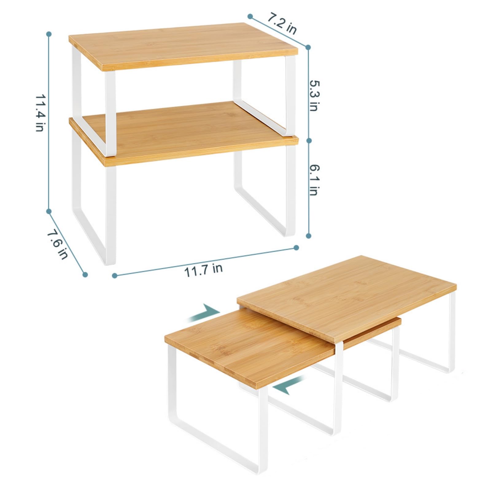 NEX Bamboo Kitchen Cabinet and Counter Shelf Organizer, Stackable & Expandable, White and Natural