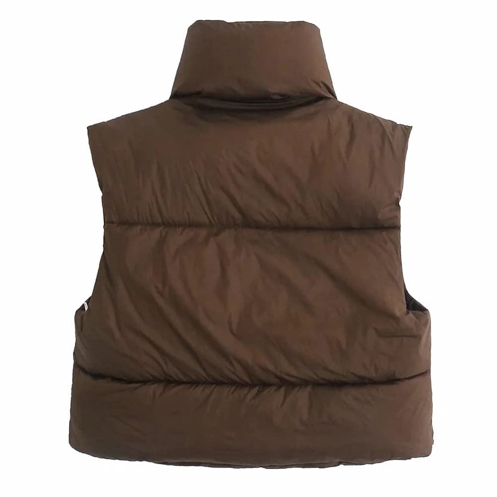KEOMUD Women's Winter Crop Vest Lightweight Sleeveless Warm Outerwear Puffer Vest Padded Gilet Brown Small