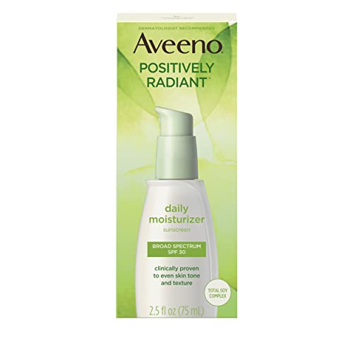 Aveeno Positively Radiant Daily Facial Moisturizer with Total Soy Complex and Broad Spectrum SPF 30 Sunscreen, Oil-Free and Non-Comedogenic, 2.5 fl. oz