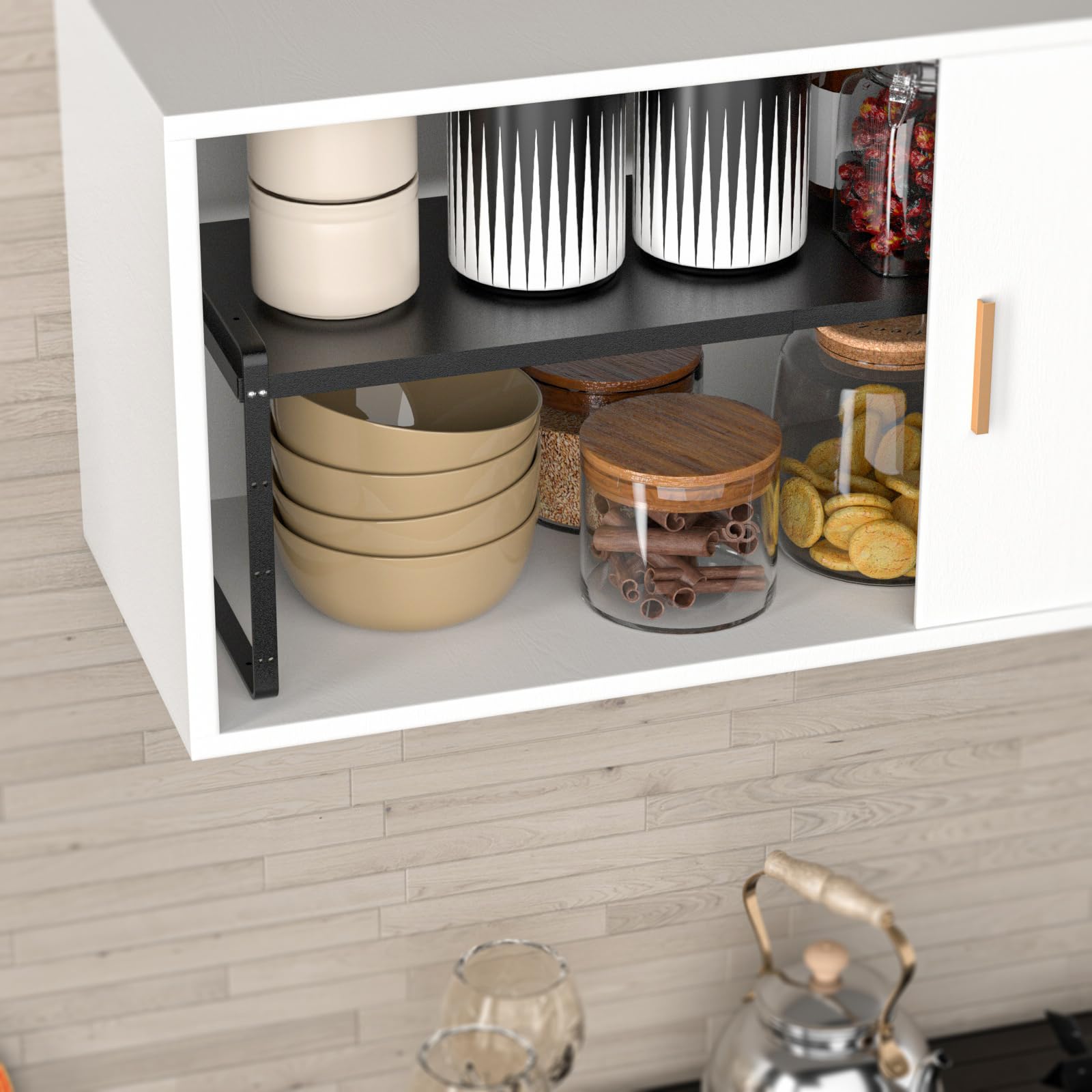 SANNO Expandable Cabinet Shelf Rack,Large Kitchen Cupboard Organizer Stackable Counter Shelf Organizer large Expandable Shelves Cupboard Organizer Rack, Black, 3 pack