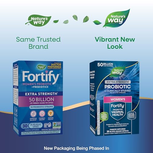 Nature's Way Women's Extra Strength** Fortify Probiotic, 50 Billion Live Cultures, Supports Digestive, Vaginal, & Immune Health*, Plant-Based Prebiotic Fiber, Non-GMO, 30 Capsules (Packaging May Vary)